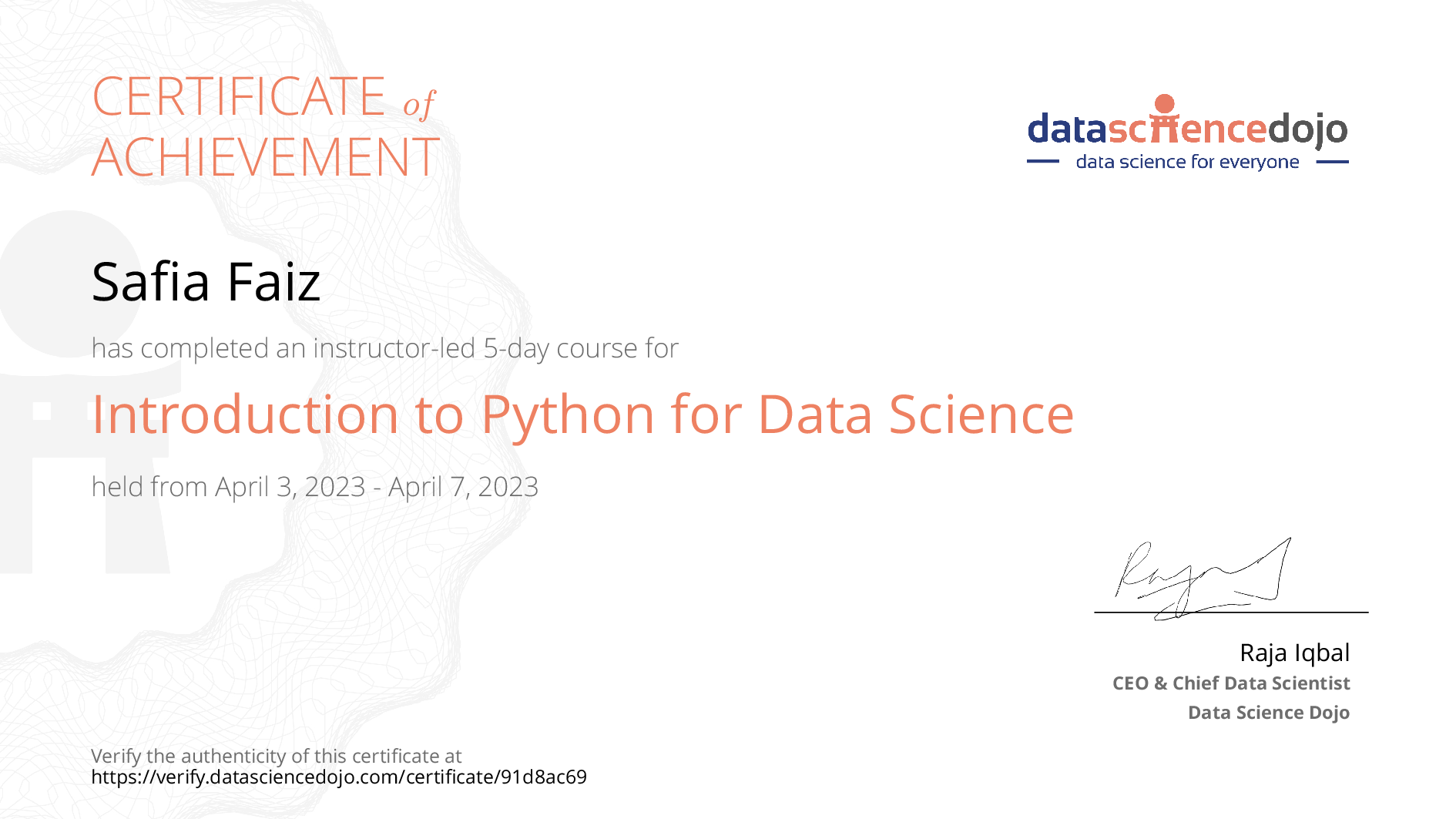 Safia Faiz's Certificate | Data Science Dojo