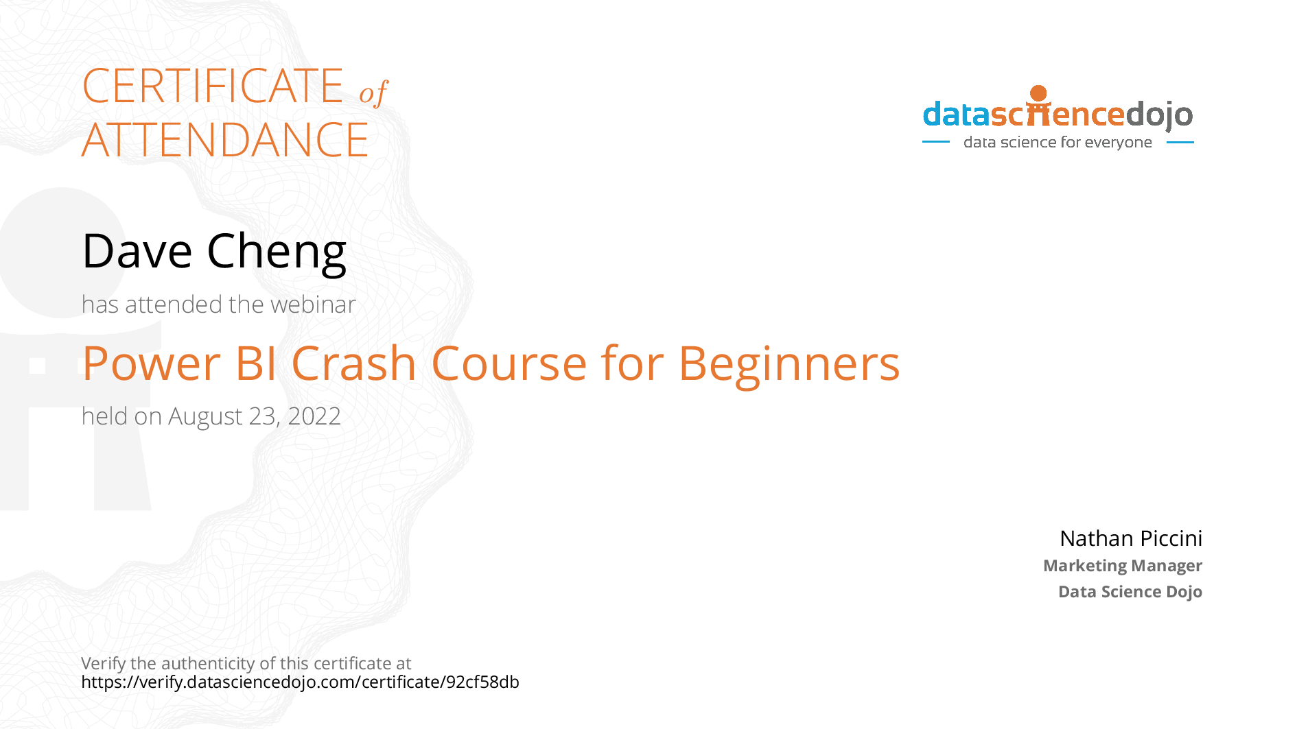 Dave Cheng's Certificate | Data Science Dojo Dave Cheng's Certificate | Data Science Dojo