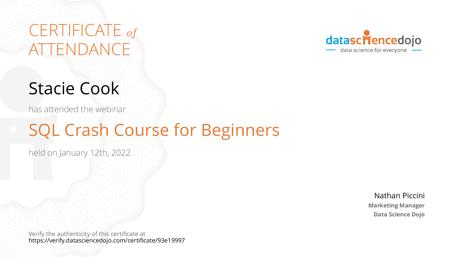 Stacie Cook's Certificate | Data Science Dojo
