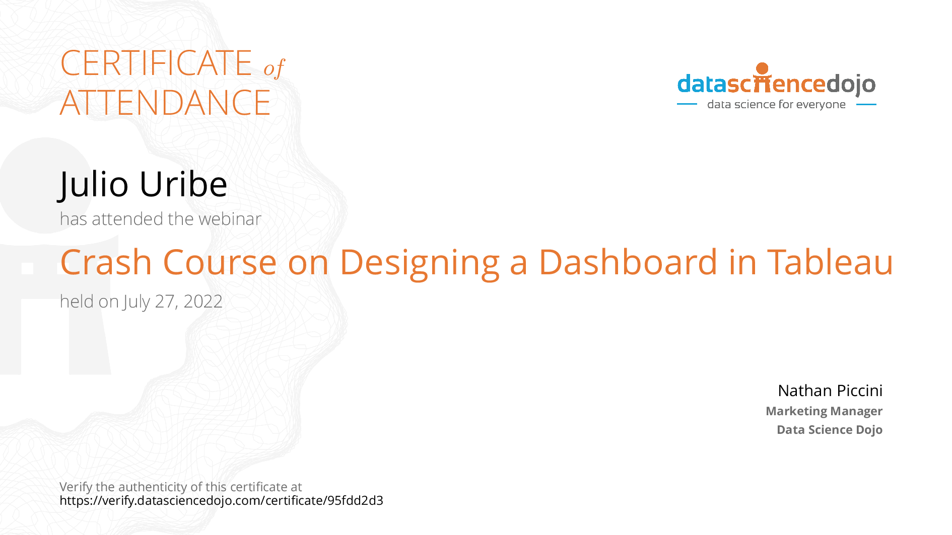 Julio Uribe's Certificate | Data Science Dojo