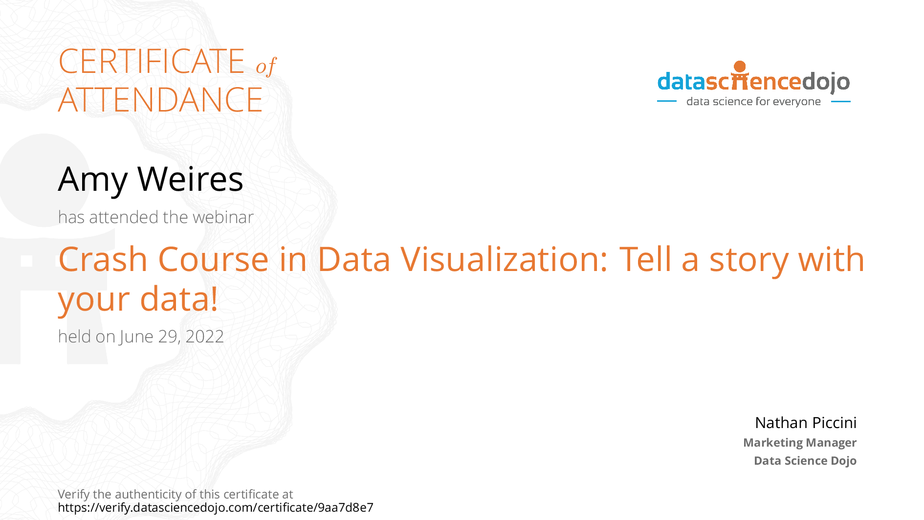 Amy Weires's Certificate | Data Science Dojo