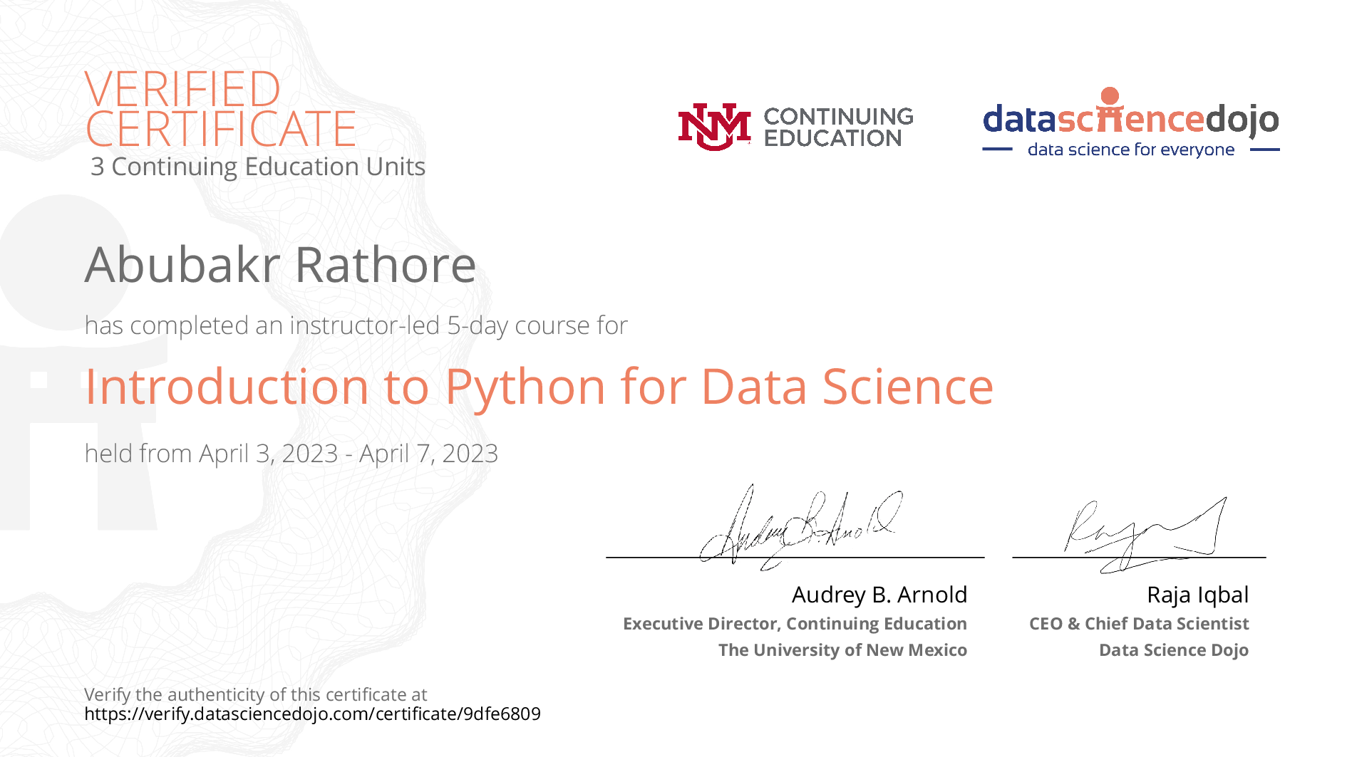 Abubakr Rathore's Certificate | Data Science Dojo