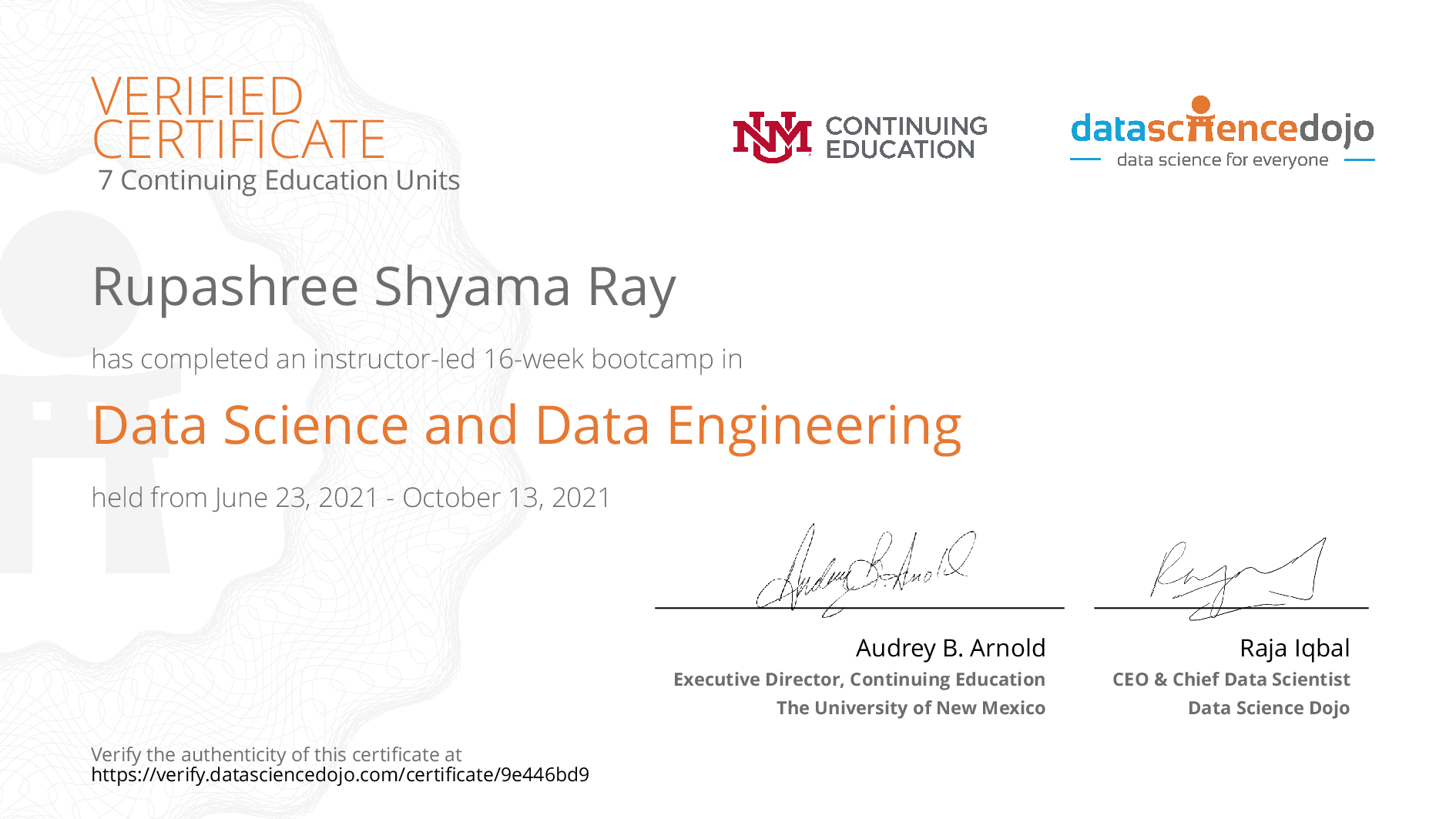 Rupashree Shyama Ray's Certificate | Data Science Dojo