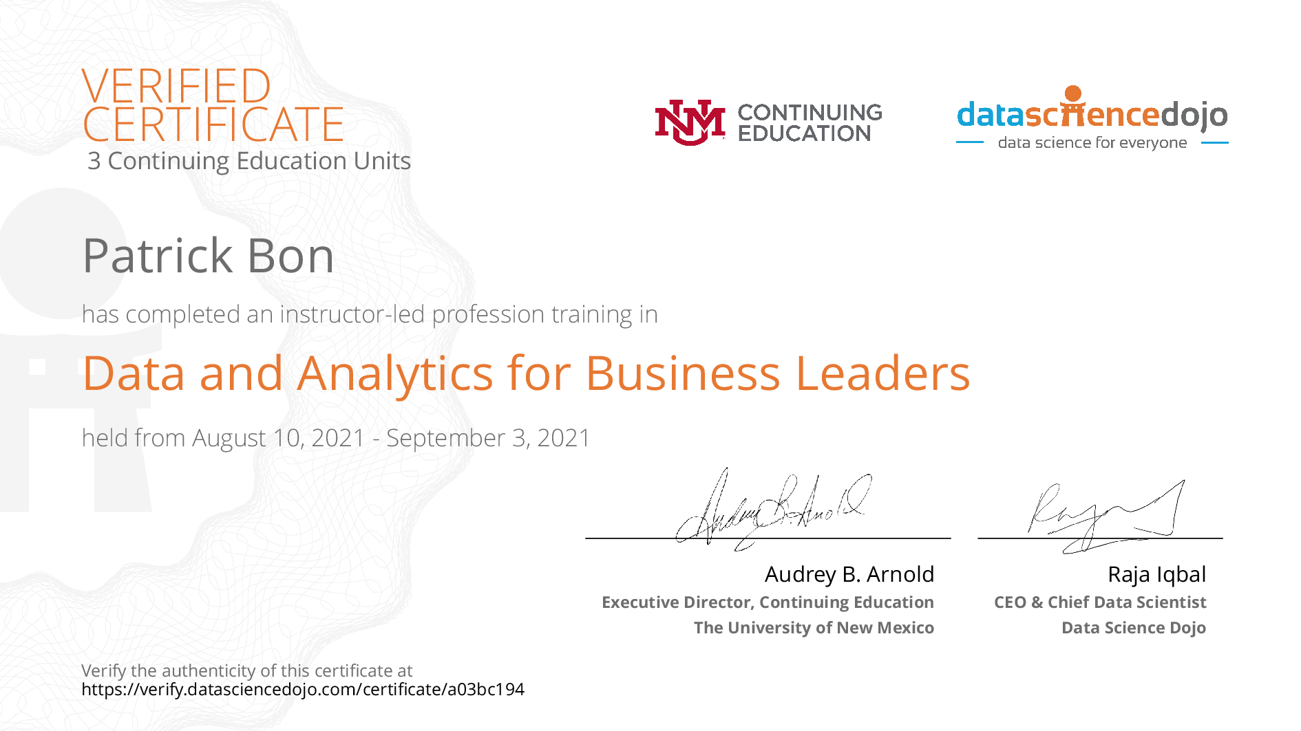Patrick Bon's Certificate | Data Science Dojo