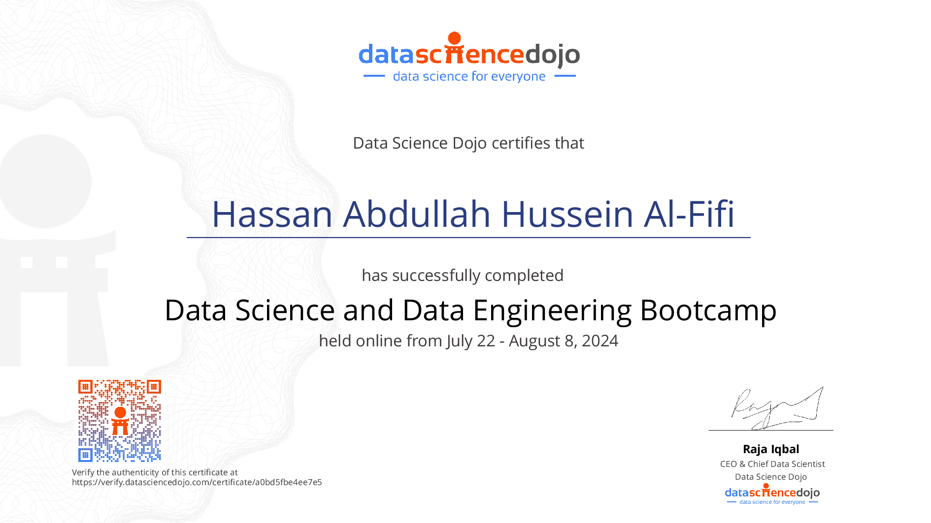 Hassan Abdullah Hussein Al-Fifi's Certificate | Data Science Dojo
