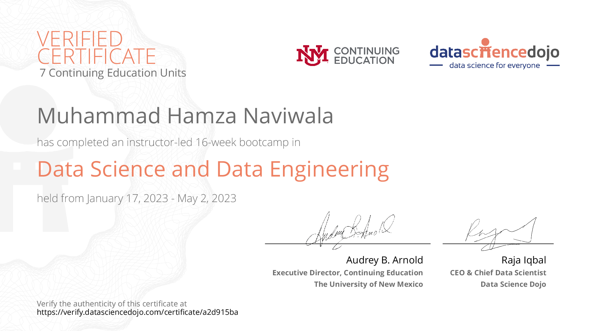 Muhammad Hamza Naviwala's Certificate | Data Science Dojo