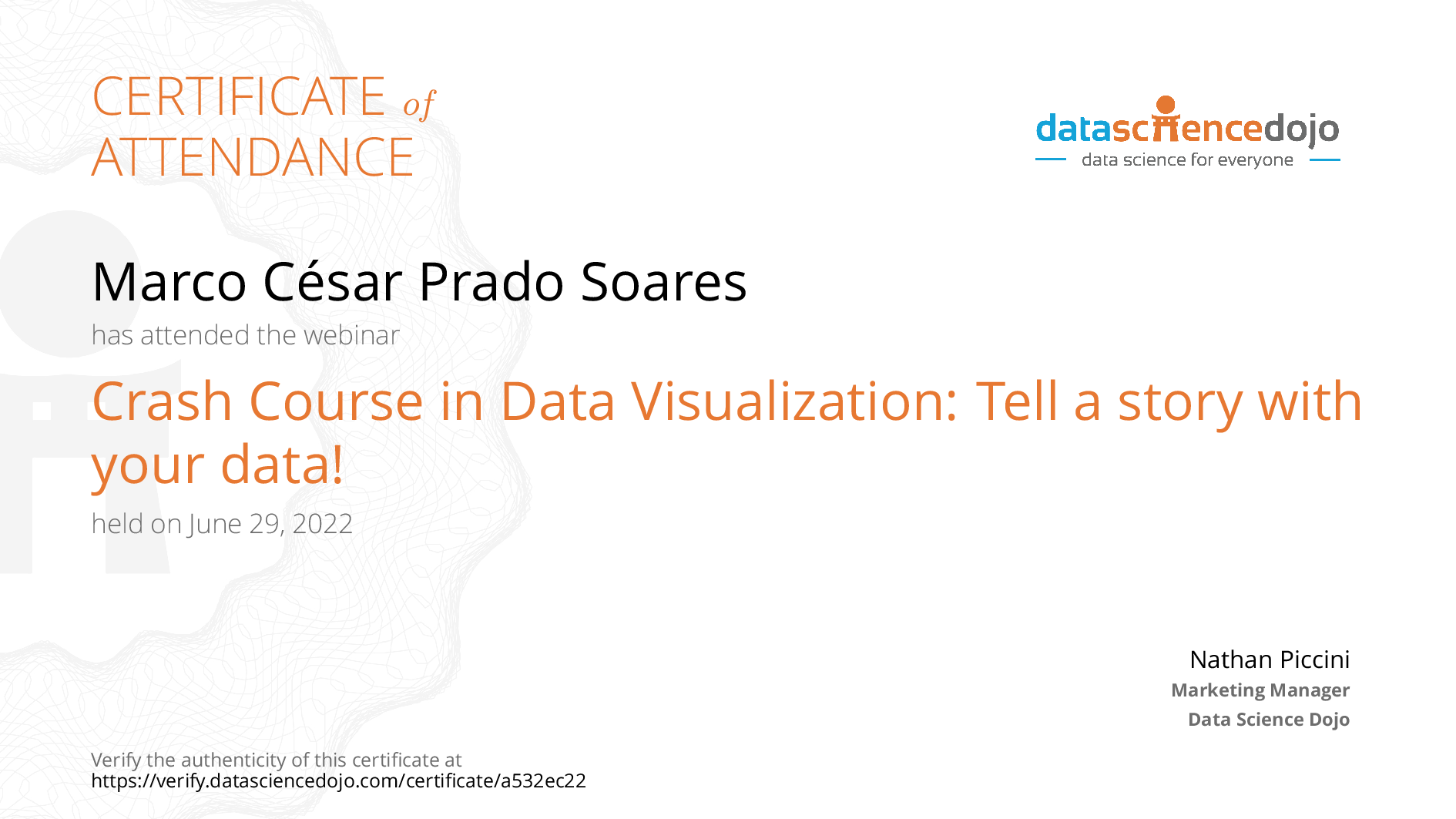 Marco César Prado Soares's Certificate | Data Science Dojo