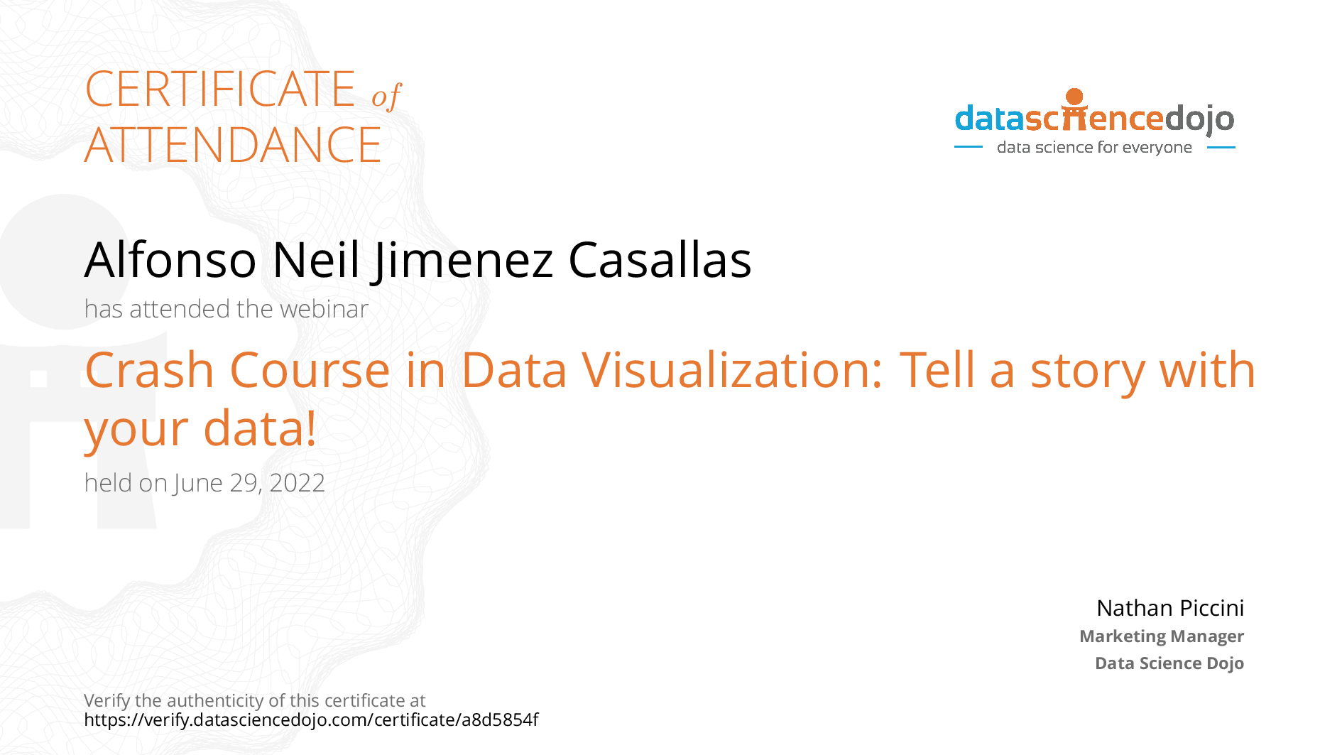 Alfonso Neil Jimenez Casallas's Certificate | Data Science Dojo