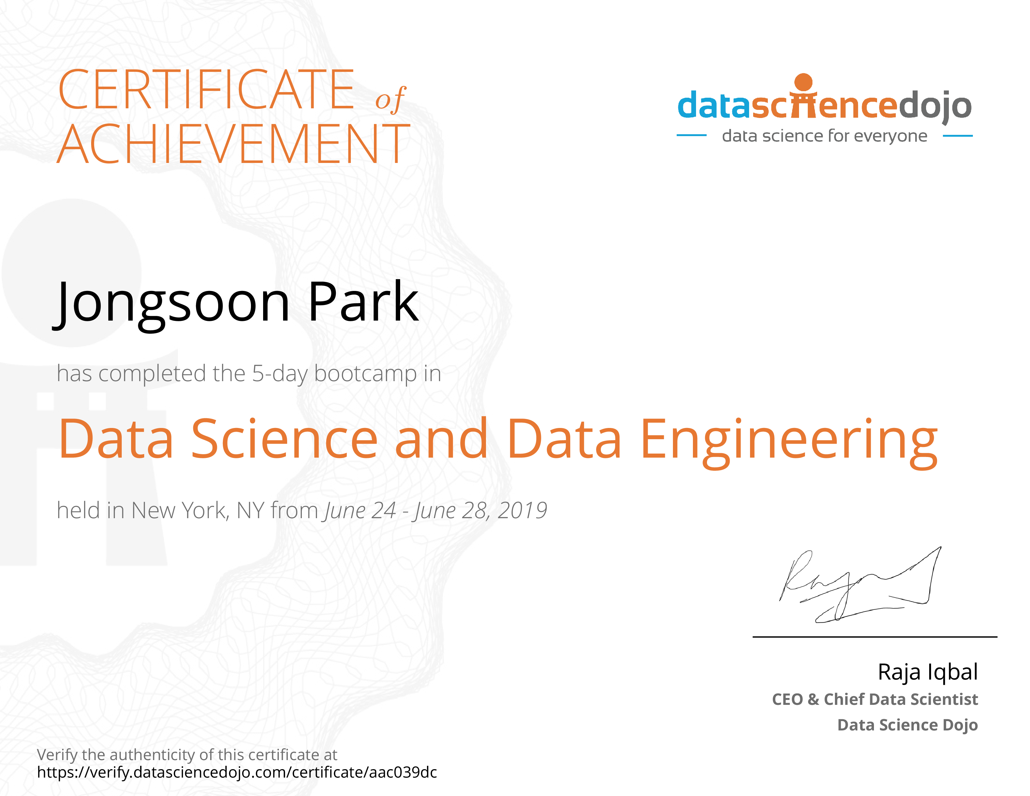 Jongsoon Park's Certificate | Data Science Dojo