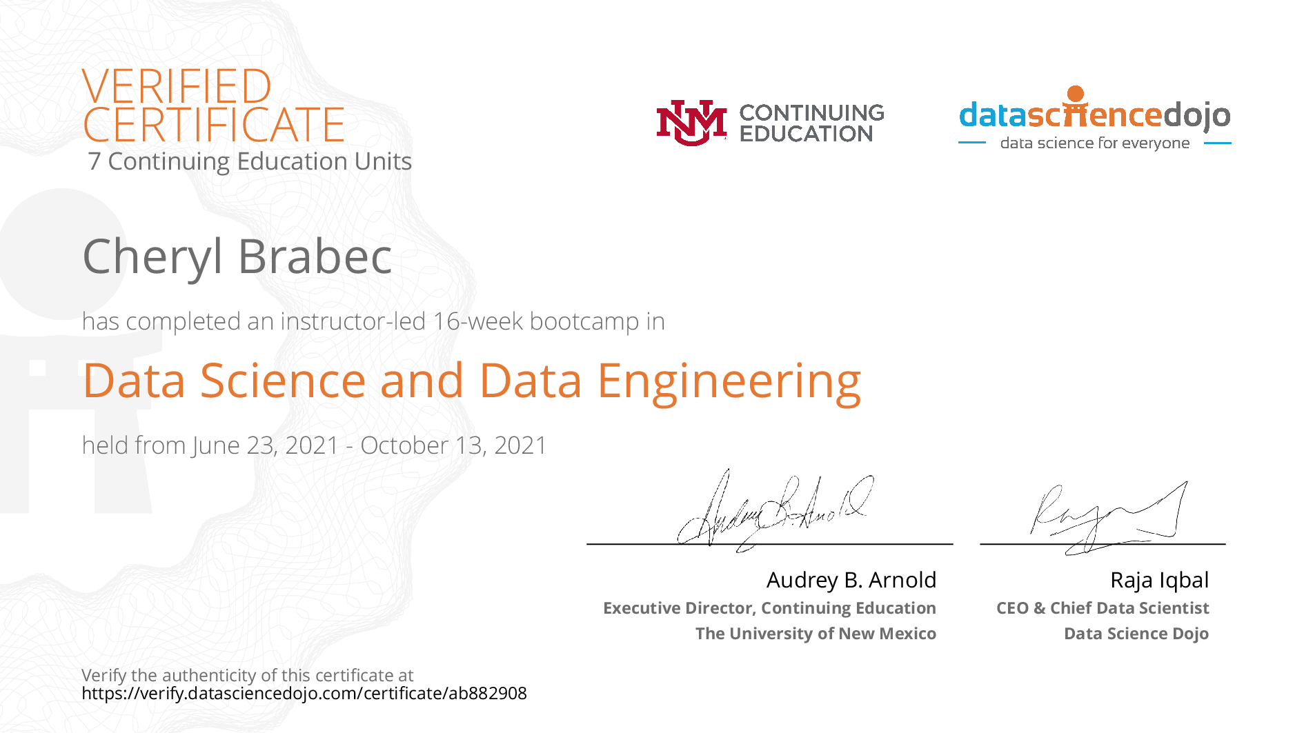 Cheryl Brabec's Certificate | Data Science Dojo