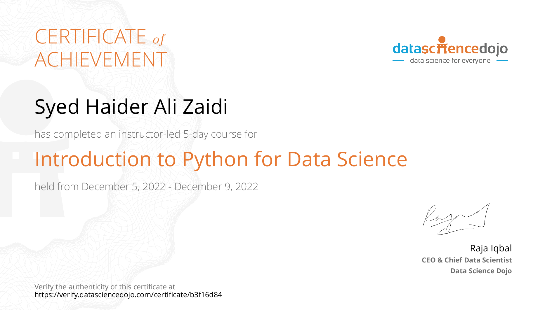 Syed Haider Ali Zaidi's Certificate | Data Science Dojo