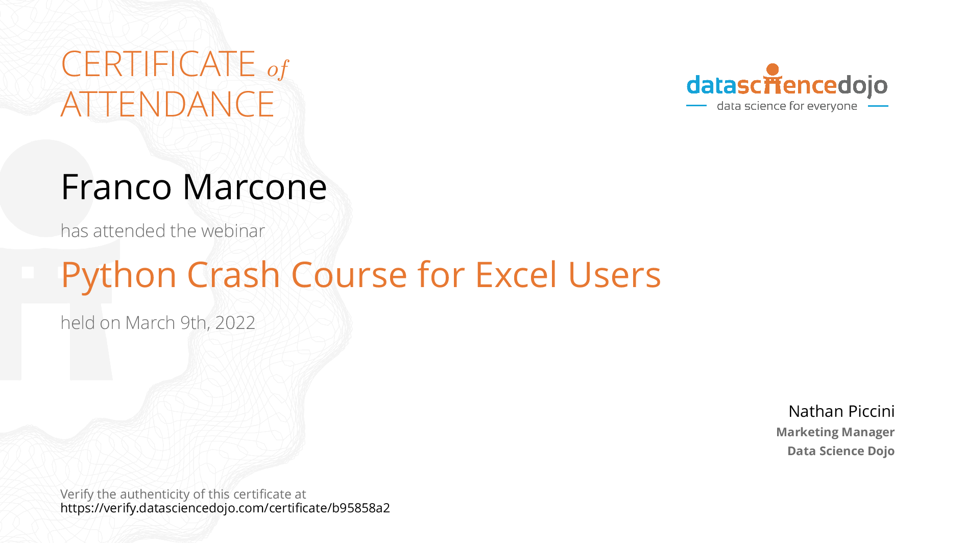 Franco Marcone's Certificate | Data Science Dojo