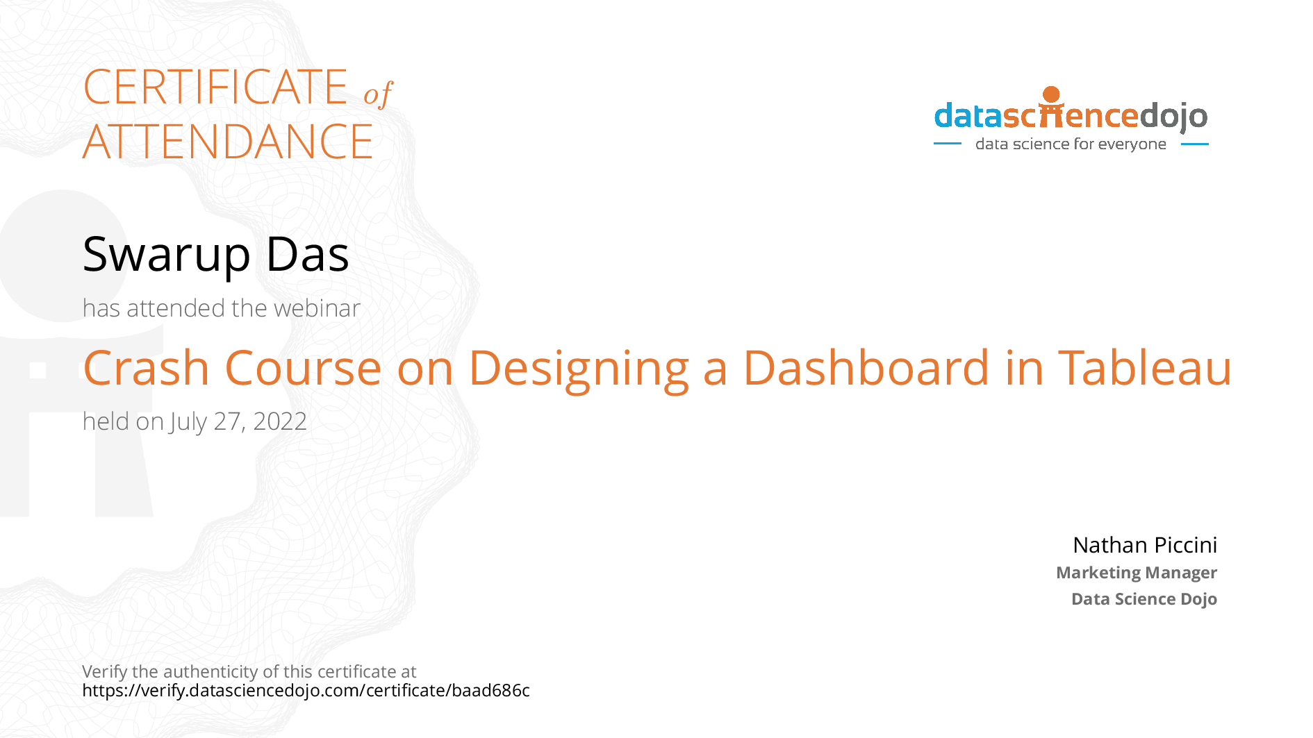 Swarup Das's Certificate | Data Science Dojo