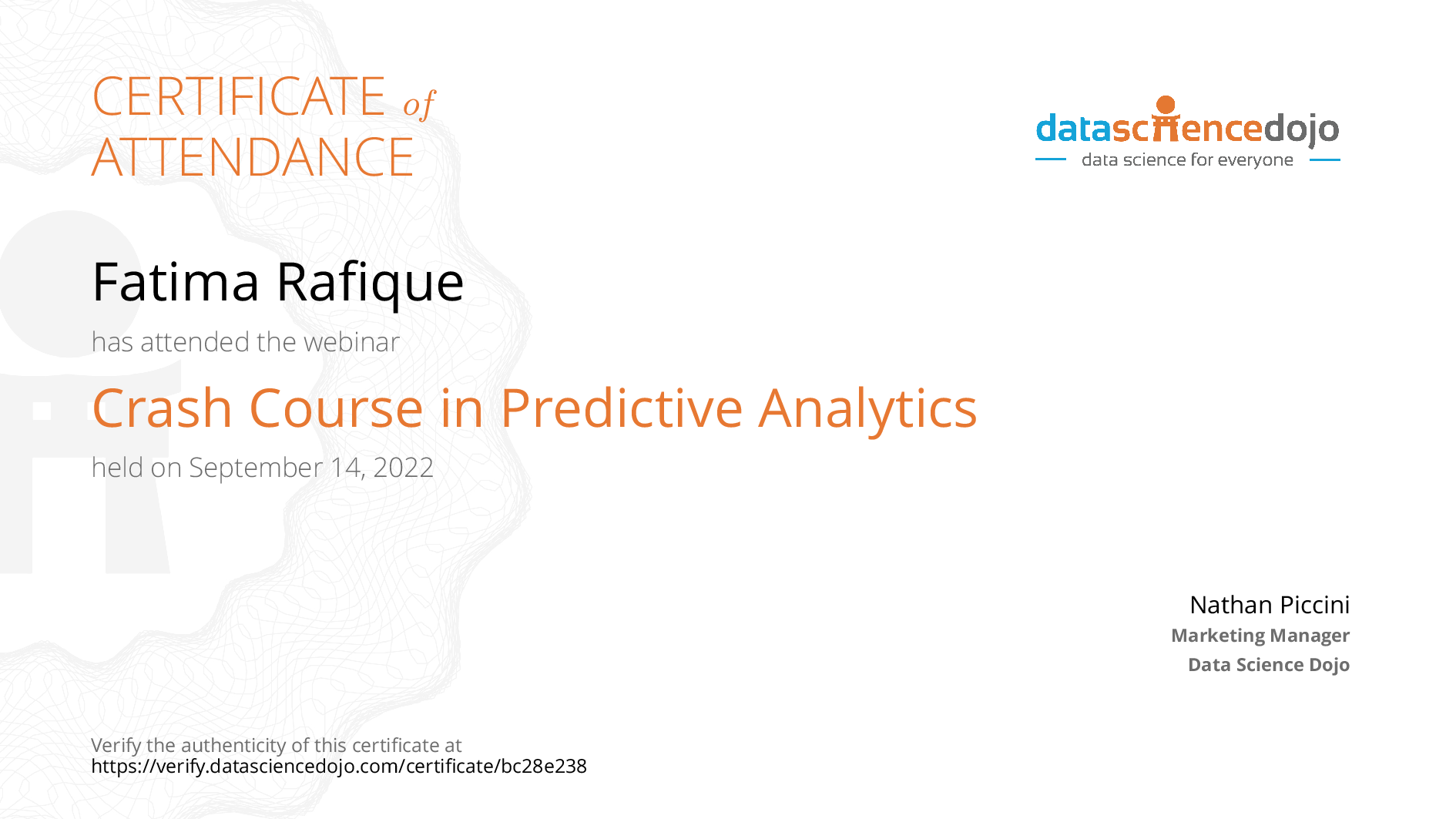 Fatima Rafique's Certificate | Data Science Dojo