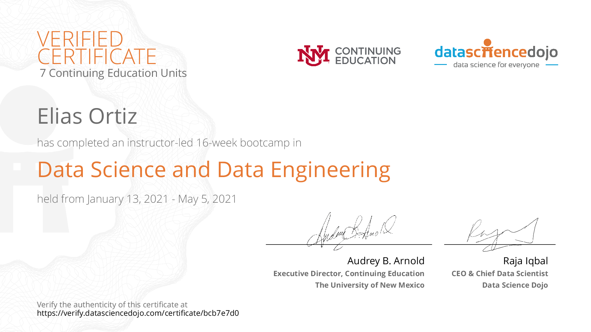 Elias Ortiz's Certificate | Data Science Dojo