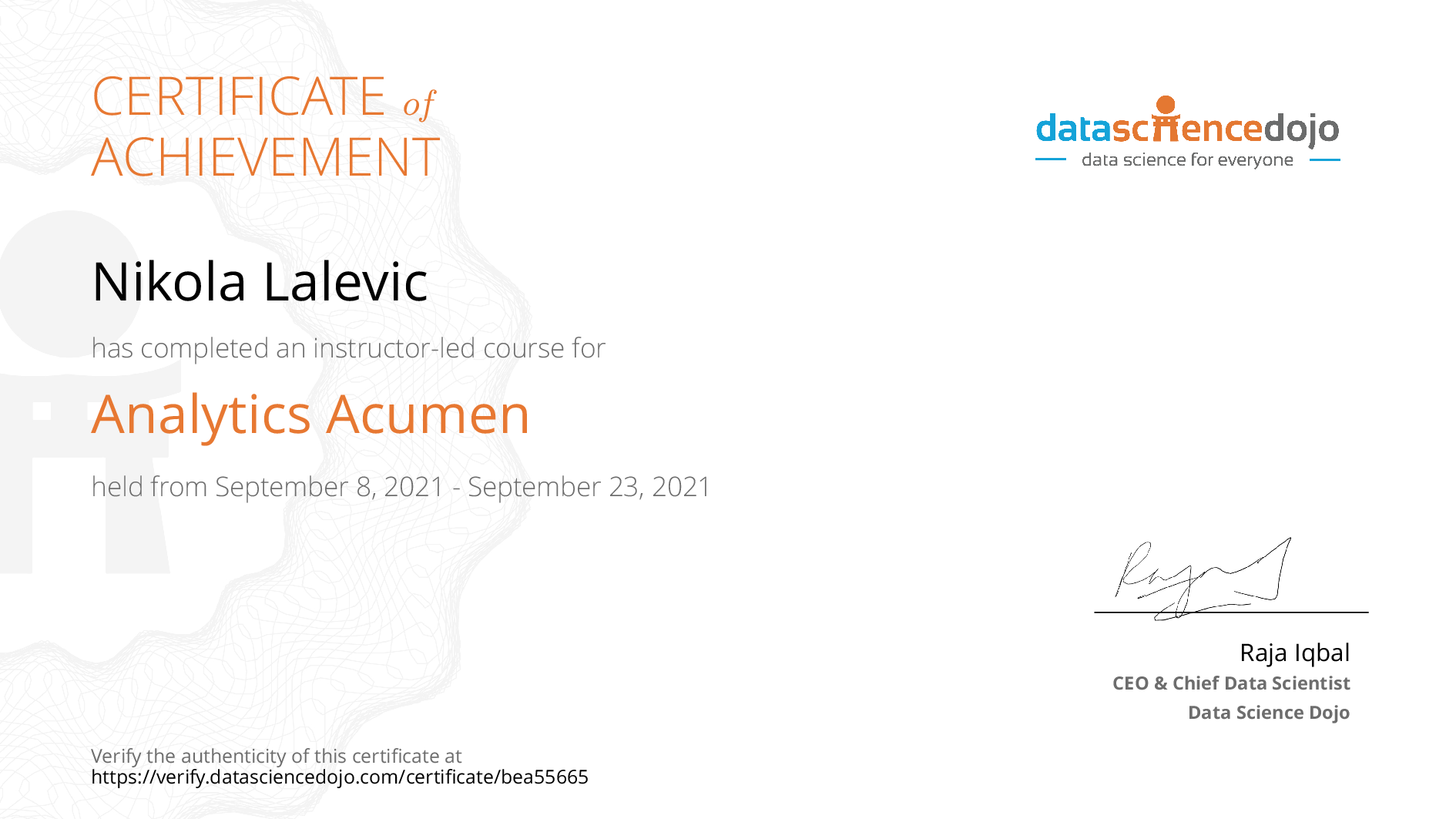 Nikola Lalevic's Certificate | Data Science Dojo Nikola Lalevic's Certificate | Data Science Dojo