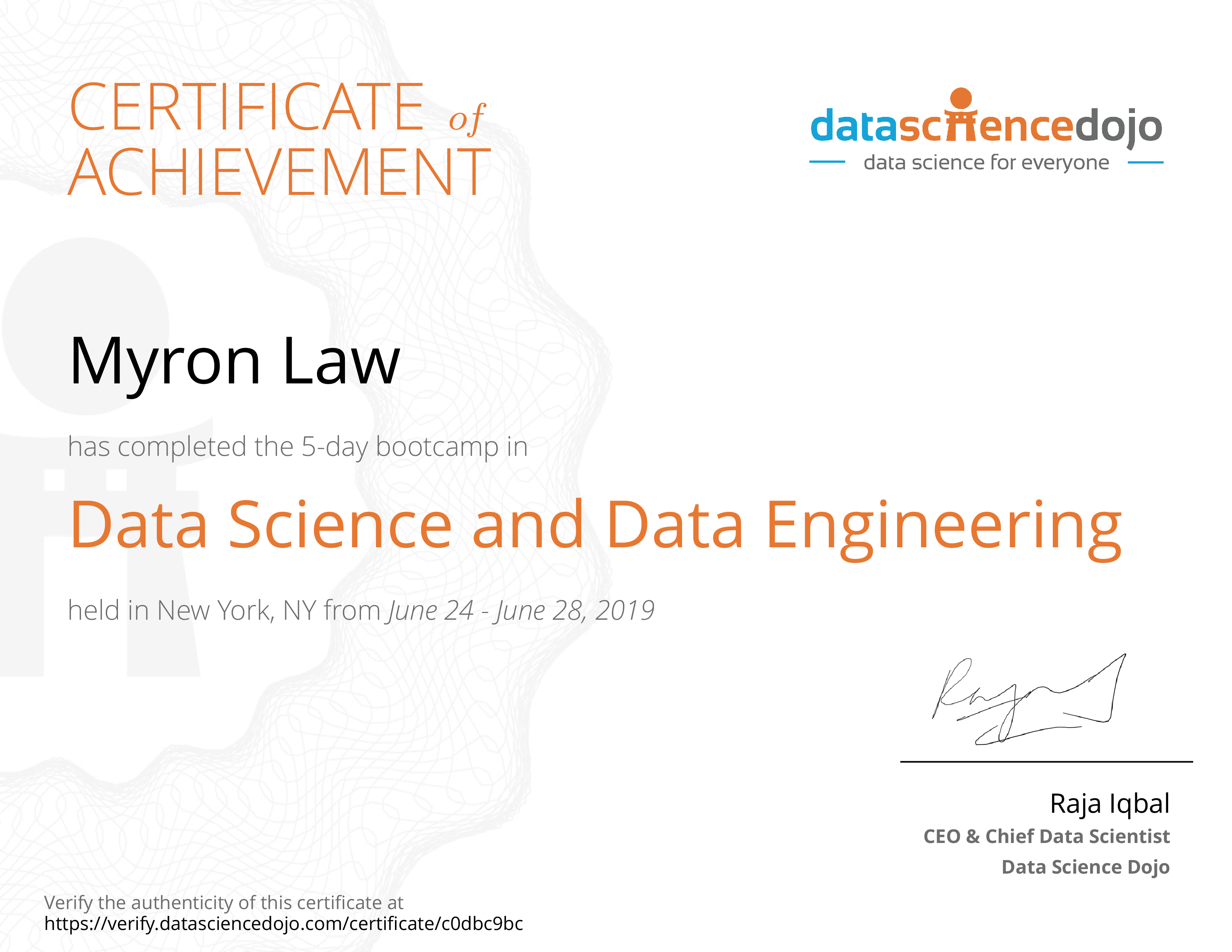 Myron Law's Certificate | Data Science Dojo