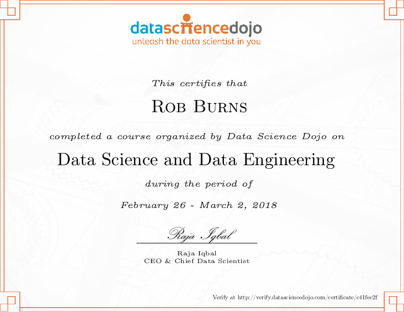 Rob Burns's Certificate | Data Science Dojo
