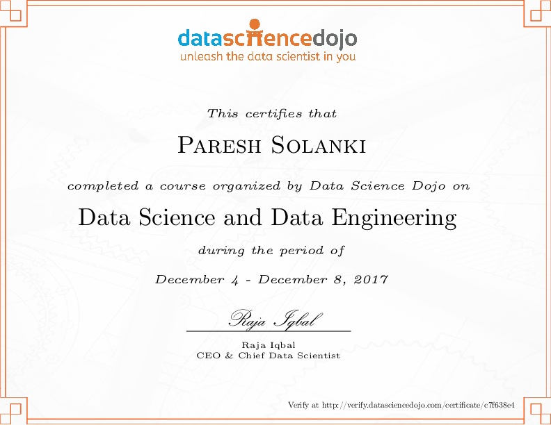 Paresh Solanki's Certificate | Data Science Dojo