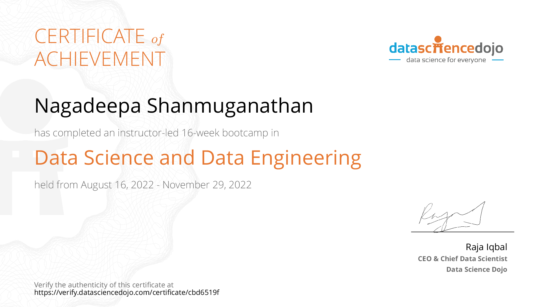 Nagadeepa Shanmuganathan's Certificate | Data Science Dojo