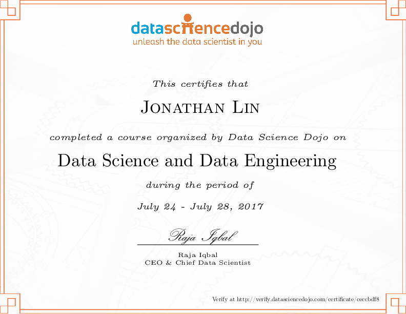 Jonathan Lin's Certificate | Data Science Dojo