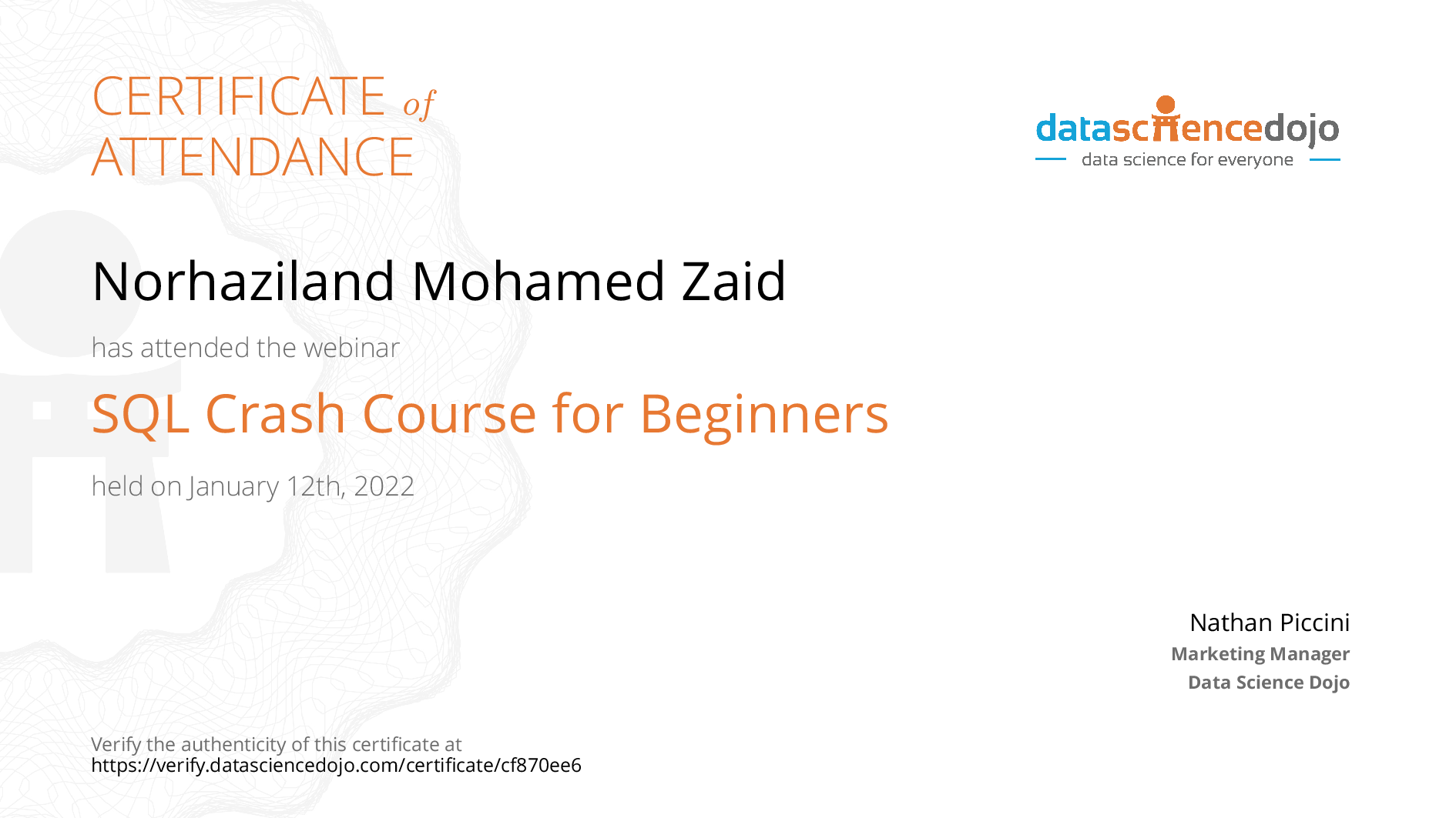 Norhaziland Mohamed Zaid's Certificate | Data Science Dojo
