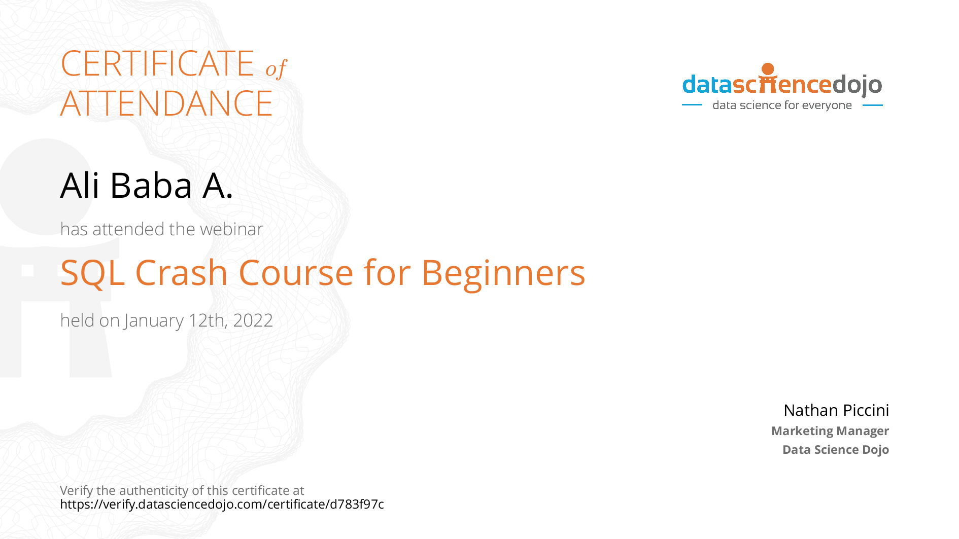 Ali Baba A.'s Certificate | Data Science Dojo