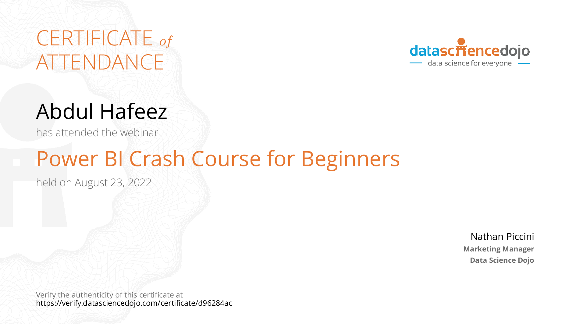 Abdul Hafeez's Certificate | Data Science Dojo