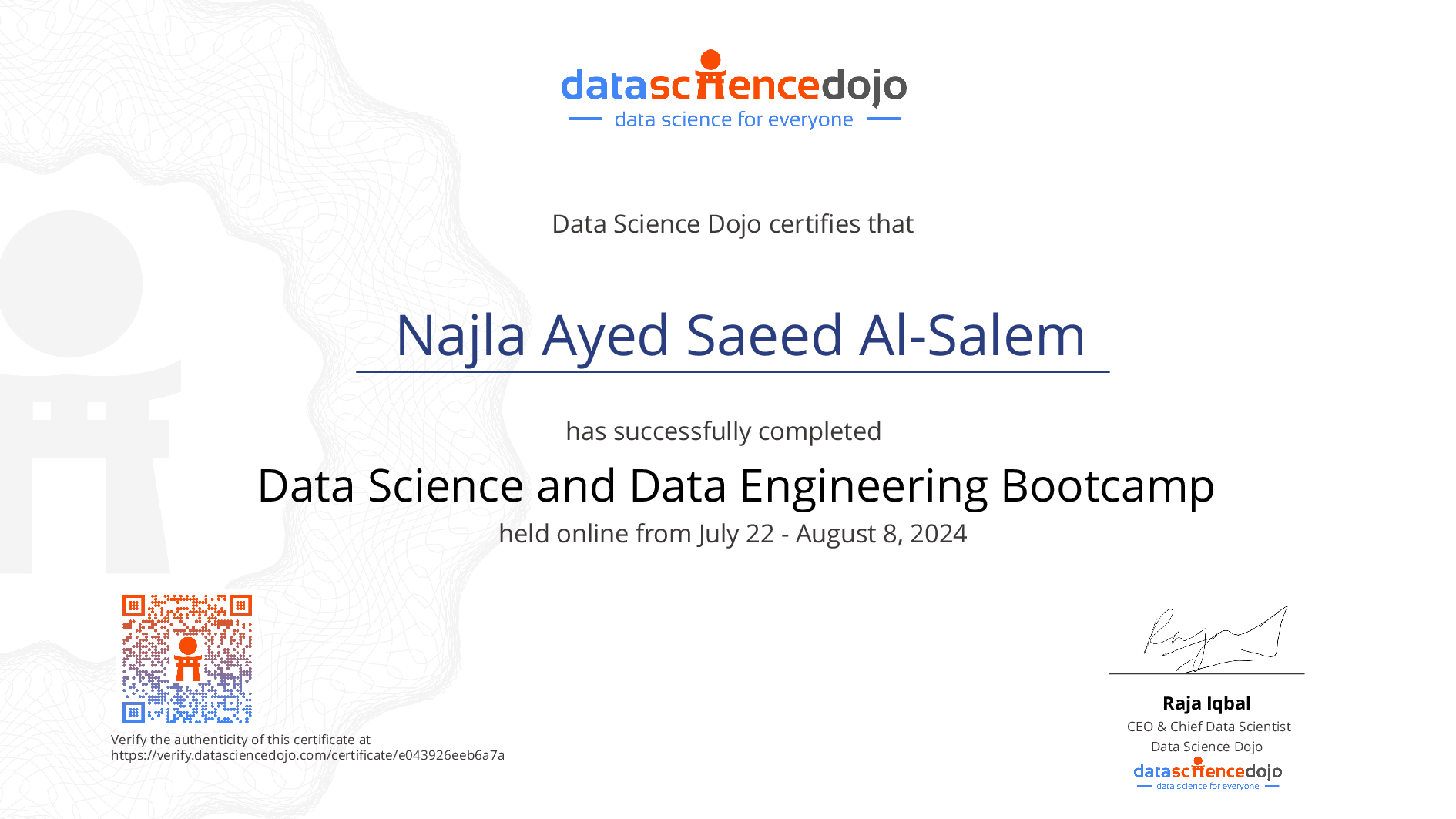 Najla Ayed Saeed Al-Salem's Certificate | Data Science Dojo