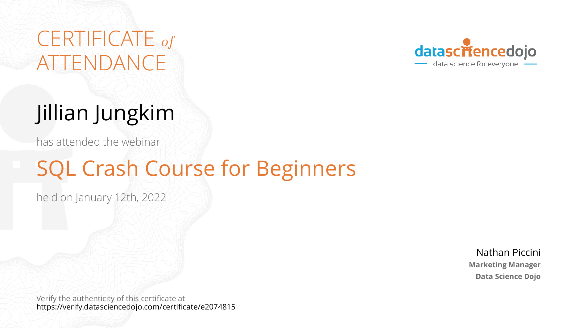 Jillian Jungkim's Certificate | Data Science Dojo