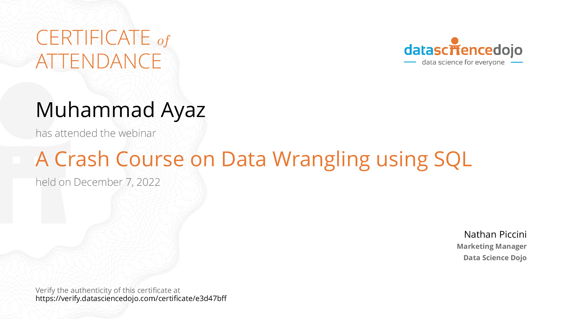 Muhammad Ayaz's Certificate | Data Science Dojo