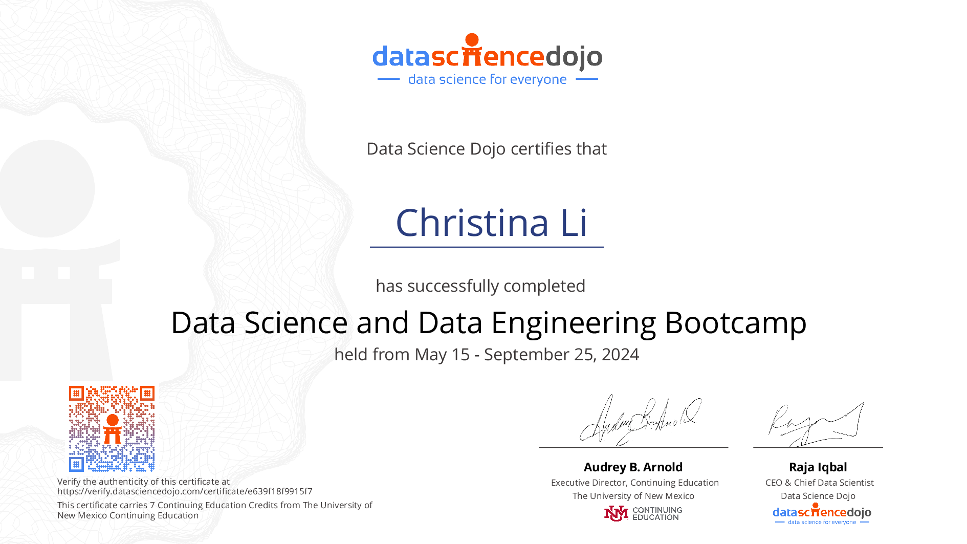 Christina Li's Certificate | Data Science Dojo