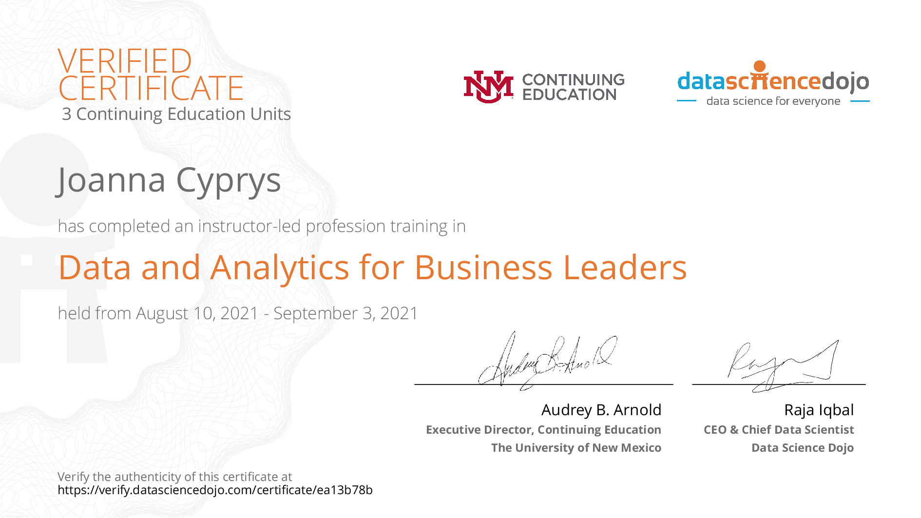 Joanna Cyprys's Certificate | Data Science Dojo