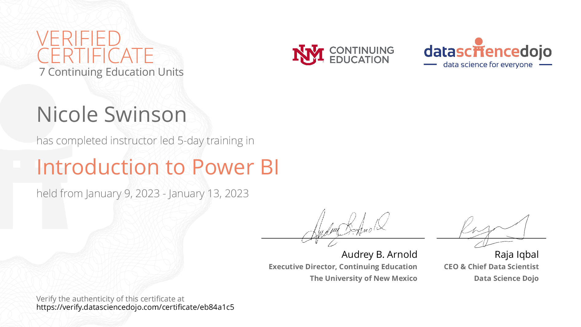 Nicole Swinson's Certificate | Data Science Dojo
