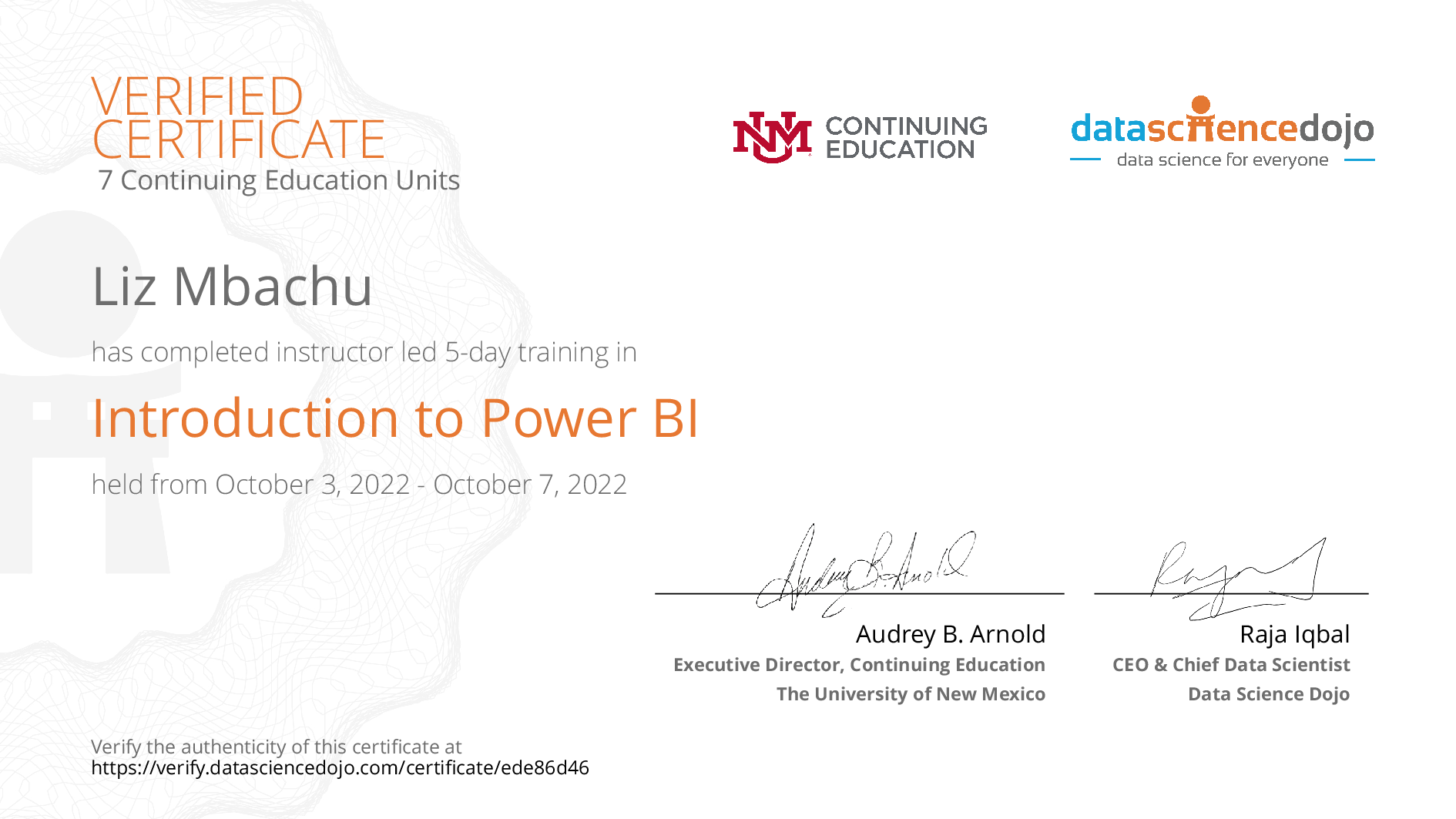 Liz Mbachu's Certificate | Data Science Dojo