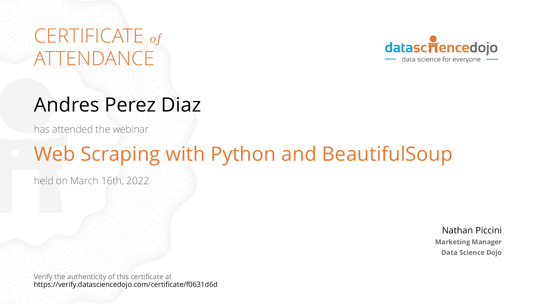 Andres Perez Diaz's Certificate | Data Science Dojo