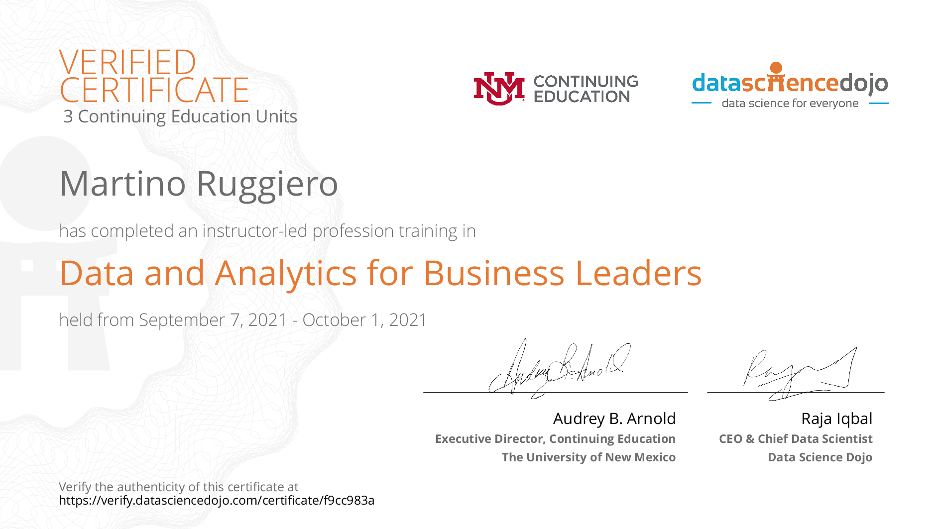 Martino Ruggiero's Certificate | Data Science Dojo