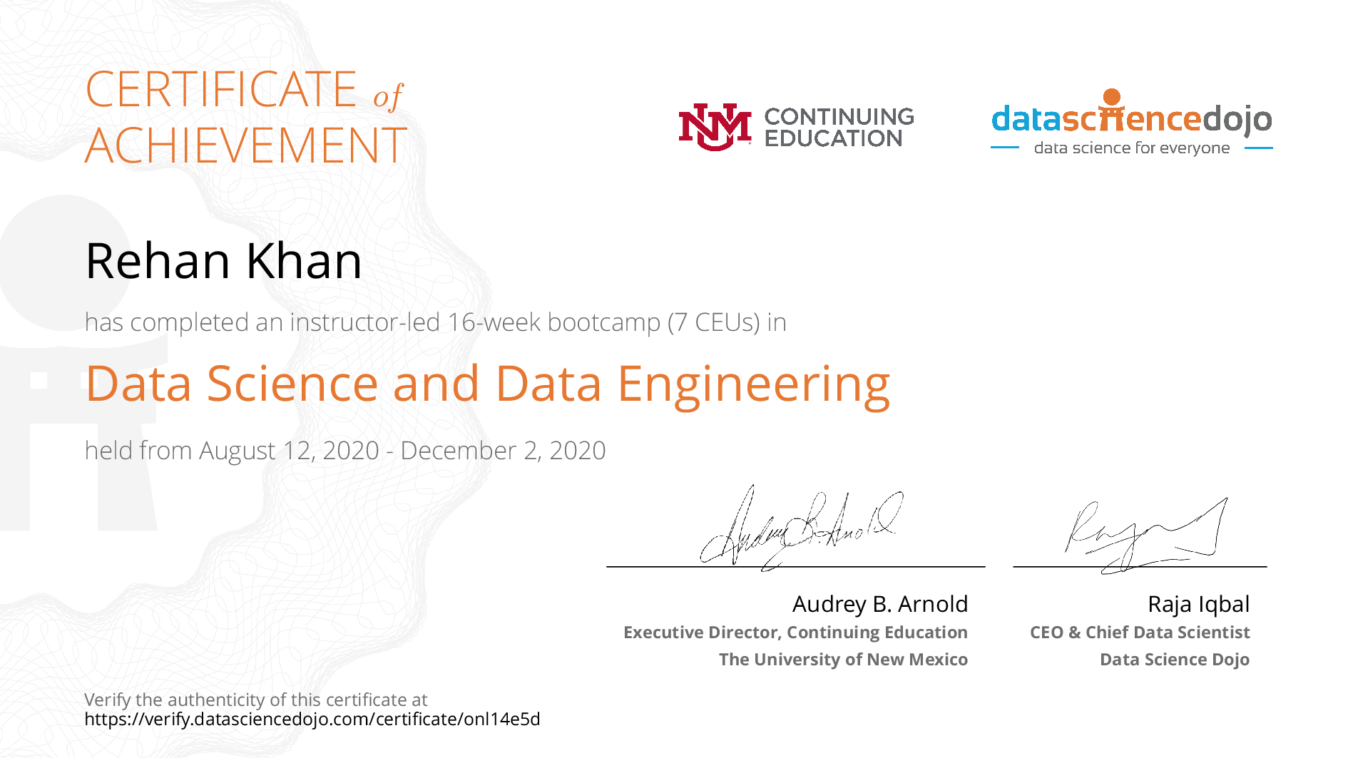 Rehan Khan's Certificate | Data Science Dojo